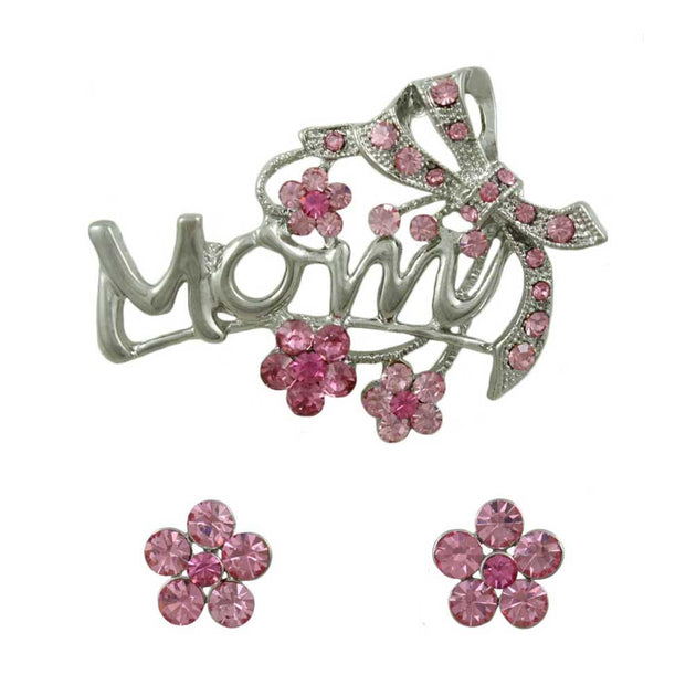 Silver MOM with Pink Bow Pin and Daisy Earring Gift Set - PRF324BS ...